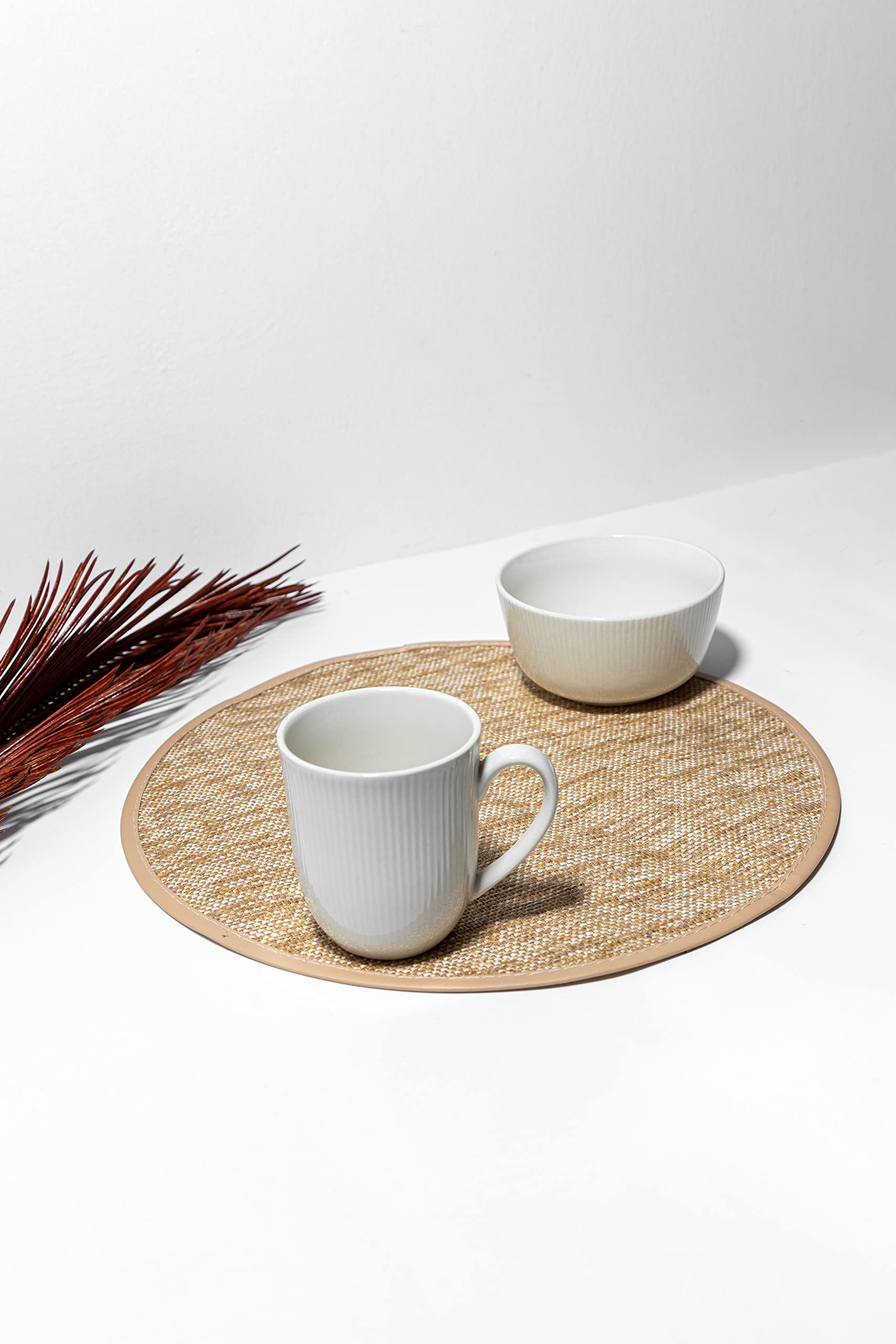 Jute Placemat with Leather Border, Burlap Placemats, Jute Rustic Table Mats for Dining Tables Heat Resistant, Table Mats, BBQ's, Everyday Home Decor Set of 12, Round Placemats, Fall Placemats