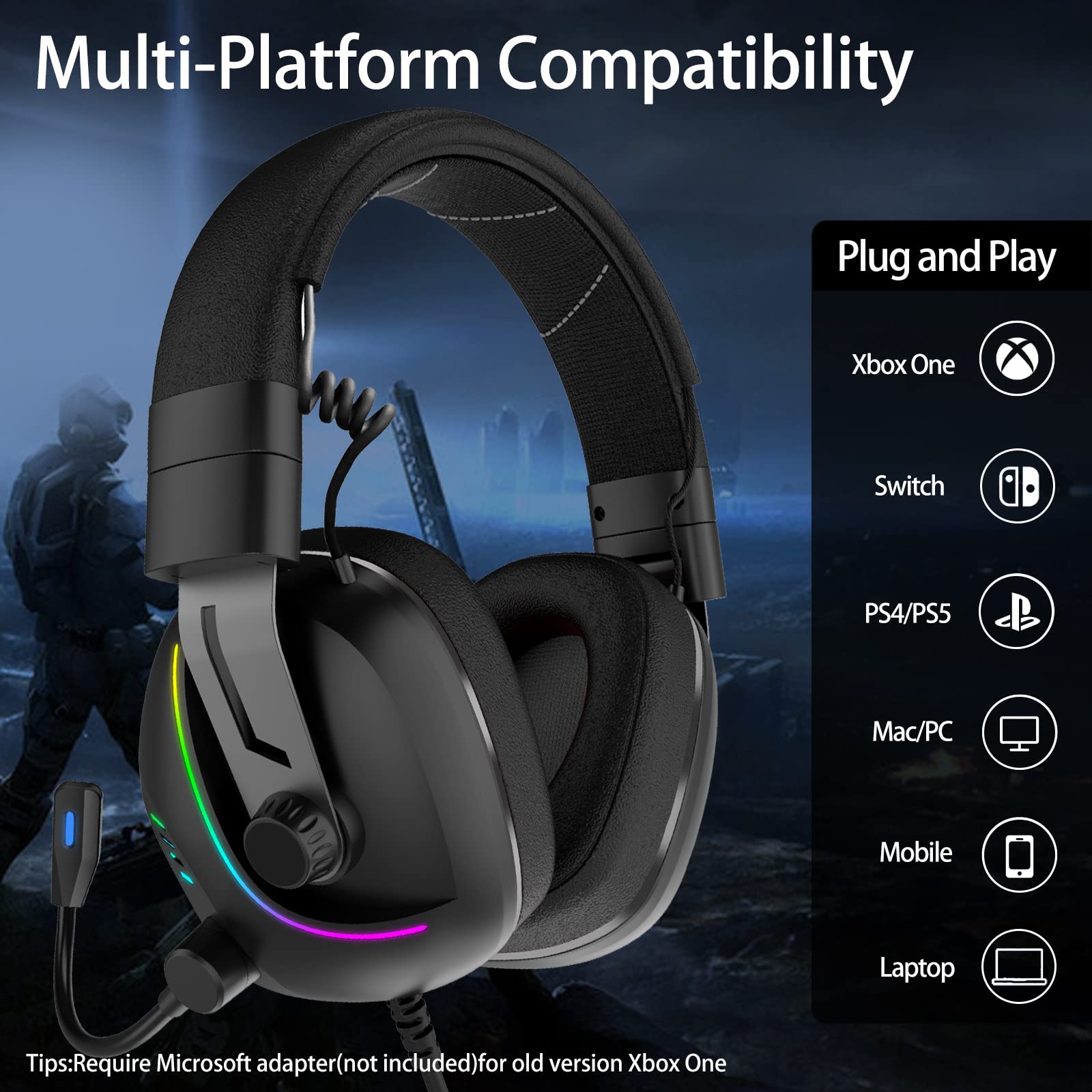 Stereo Gaming Headset with Noise Cancelling Microphone Over Ear Headphones, LED Light, Bass Surround, Soft Memory Earmuffs Portable Foldable -for PC, PS4, PS5, Xbox One, Switch (Black)