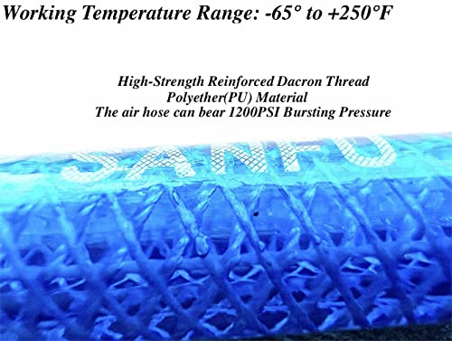 SANFU (PU) Polyurethane Reinforced Air Hose 1/4”ID(6.3 x 9.8mm) x 100ft, Anti-low temperature 300PSI with 1/4-Inch Swivel Solid Brass Quick Coupler and Plug, Navy Blue(100’)