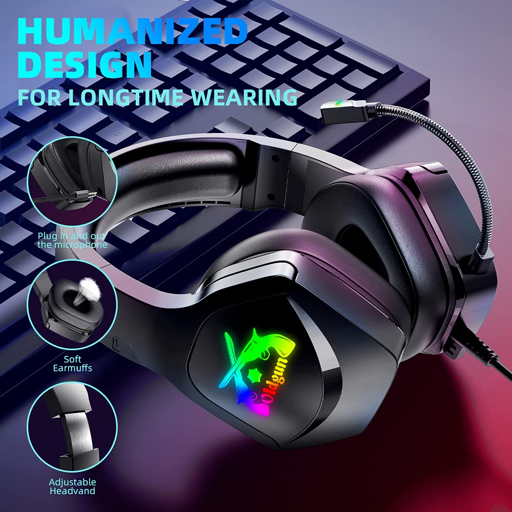 OLDGUN-M50 Gaming Headset Microphone That Will Never be Damaged Stereo Headset for PC/PS4/PS5 Controller, Over Ear Headphones with RGB Light Noice Cancelling Microphone and Soft Earmuffs