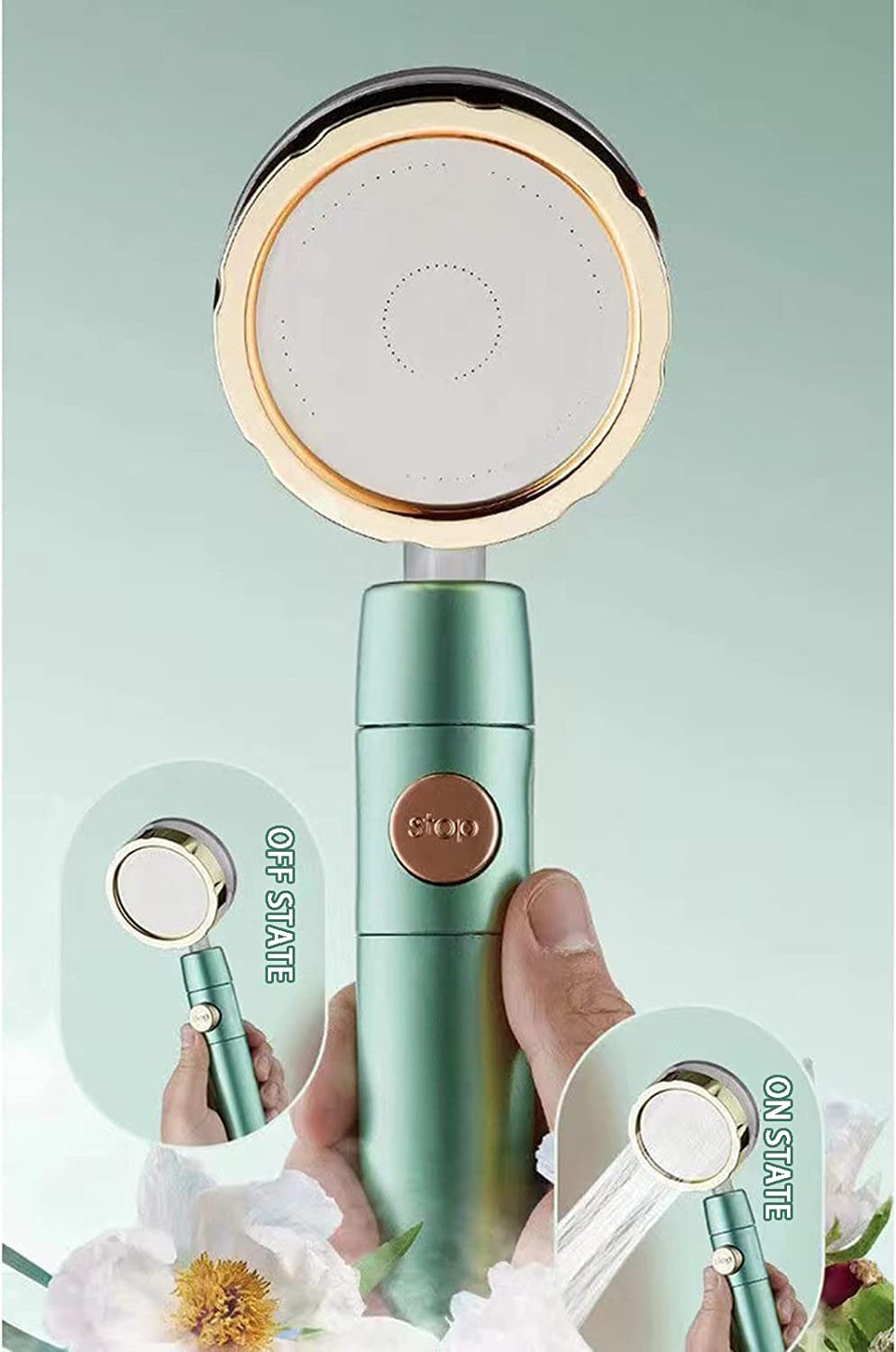 Pressurized Shower Head, 2 Filters, 360° Turbo Spa High Pressure Nozzle, Handheld Hydro Shower Head with 3 Modes Switches, Driven Handheld Shower Head One-Touch Water Stop
