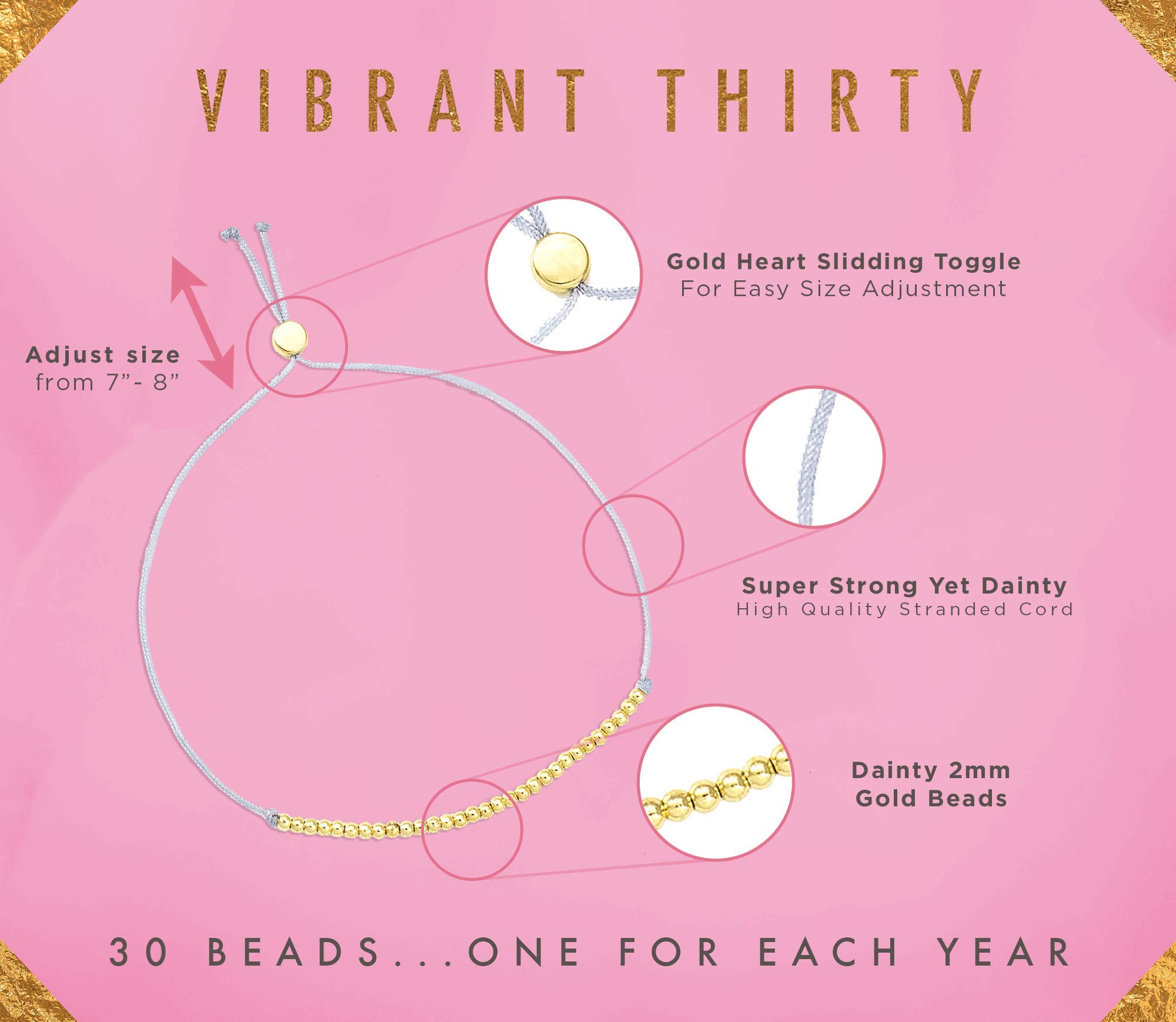 Lucky Feather 30th Birthday Gifts for Women; 30th Birthday Bracelet with 30 14K Gold Dipped Beads on Adjustable Cord; 30 Birthday Gift Ideas for Her