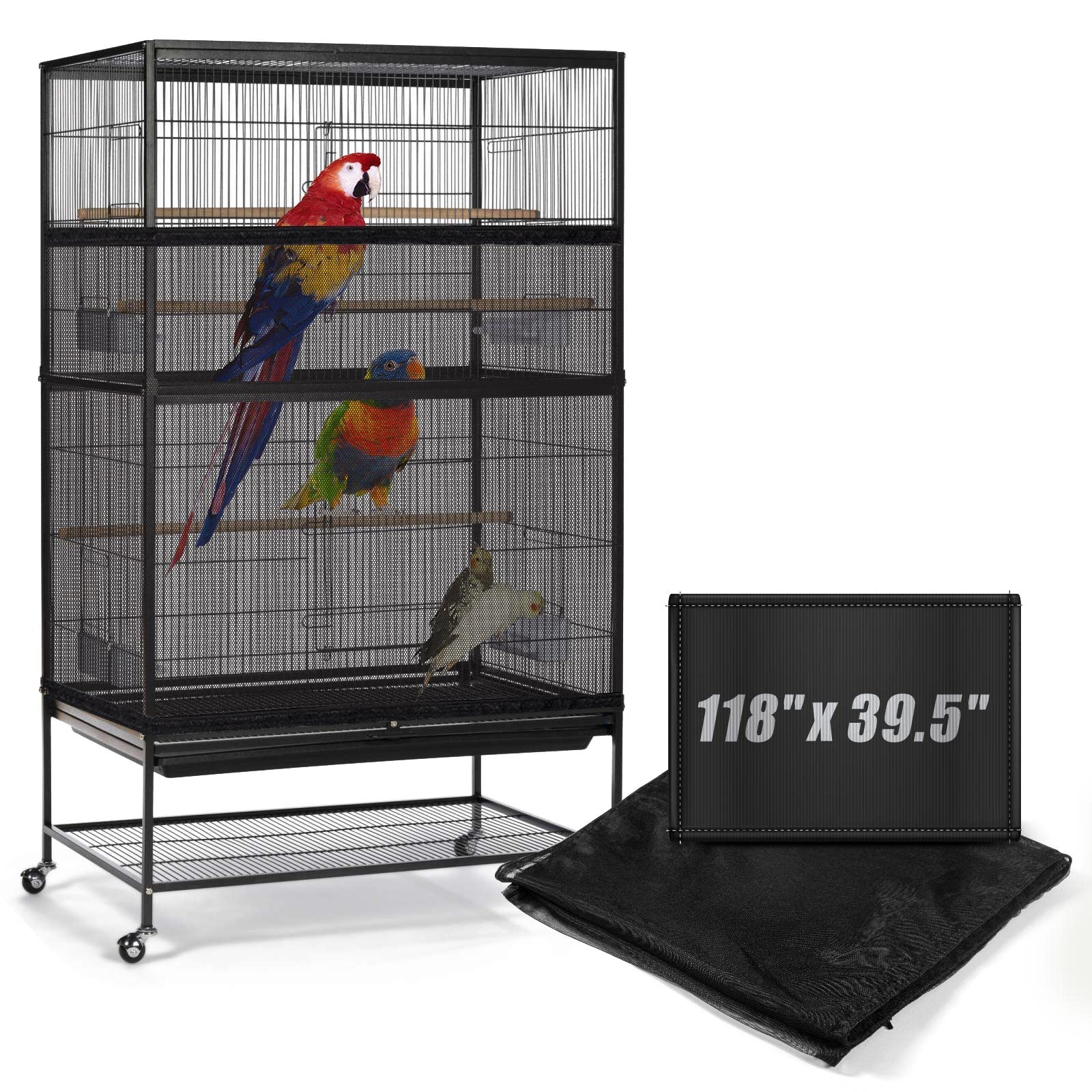 KFPPLXQ Bird Cage Cover Adjustable, Extra Large Soft Breathable Mesh Bird Cage Nettin Seed Catcher for Indoor Round Square Cage (Black, 118 x 39.5 Inch/ 300 x 100 cm)