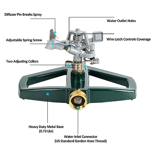 STYDDI Metal Pulsating Impact Sprinkler with Metal Base, Heavy Duty Adjustable Circular Zinc Impulse Sprinkler for Lawn, Yard and Large Area, Water Coverage up to 5,800 Sq. ft