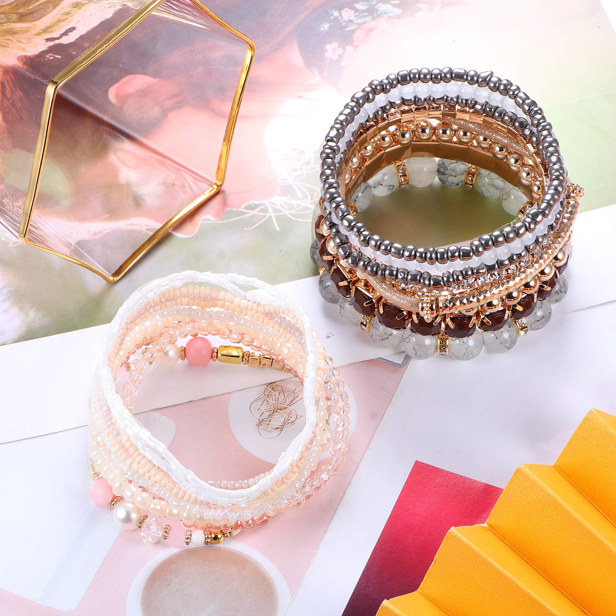 Magitaco 6 Sets Bohemian Stackable Bead Bracelets for Women Multilayered Stretch Bracelet Set Multicolor Fashion Jewelry Style C