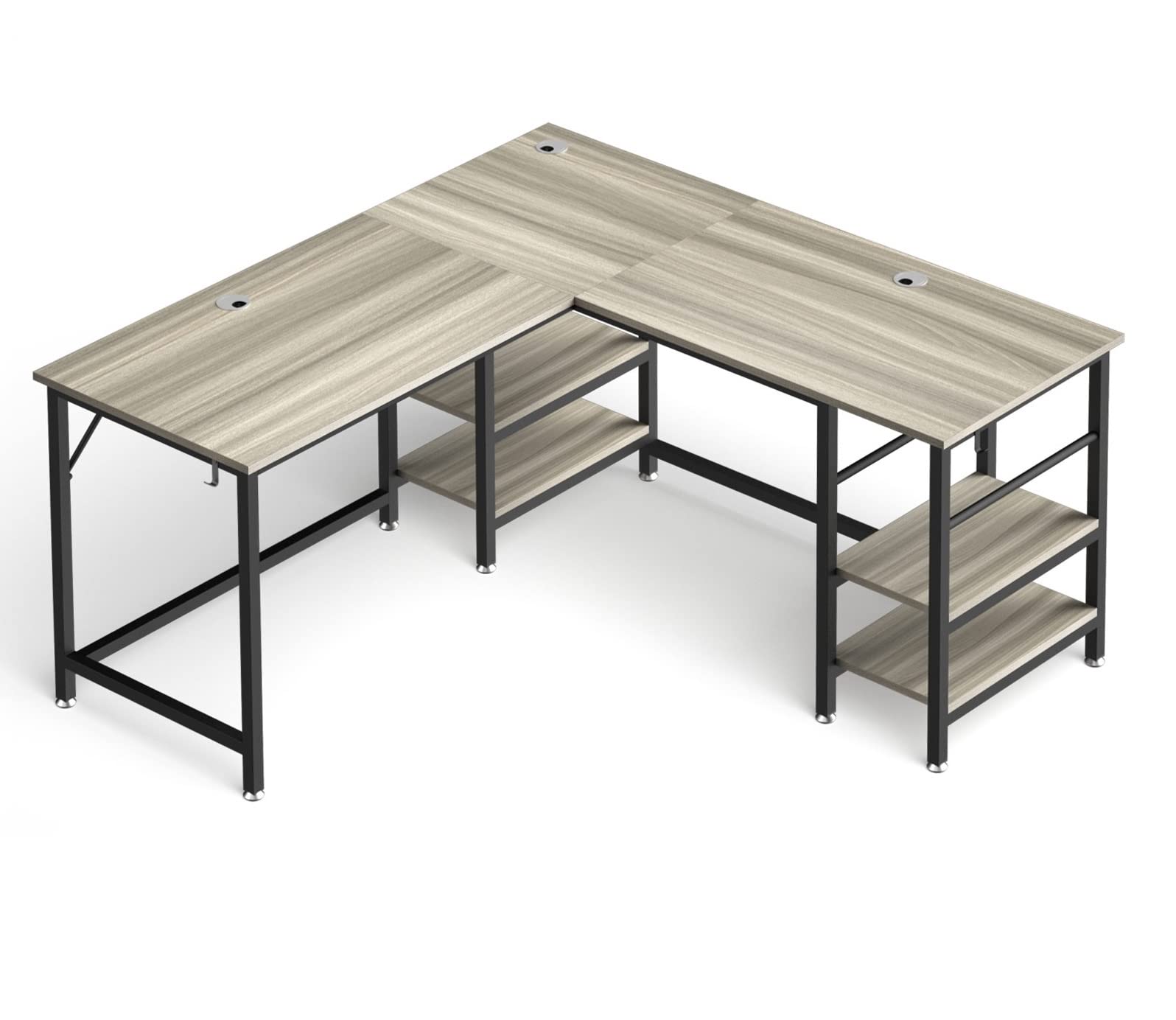 JSungo L Shaped Desk with Storage, 95 Inch Gaming Table for Small Space, Long Writing Table for 2 Persons for Home Office, Study Worktation with PC Shelves and Hook, Grey Oak