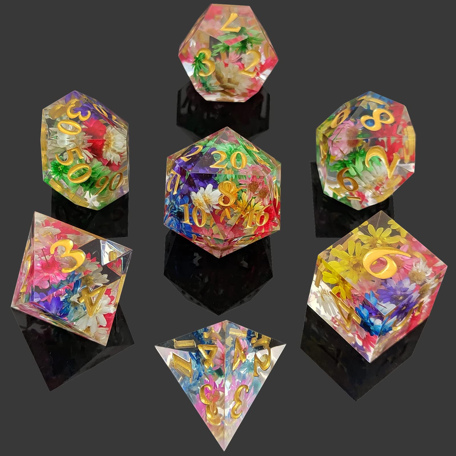 Resin D&D Dice Set, 7 Pcs Sharp Edge DND Dice Set, Dungeons and Dragons Dice Polyhedral D and D Dice, with Metal Box for RPG MTG Pathfinder Role Playing Dice D20 D12 D10 D8 D6 D4