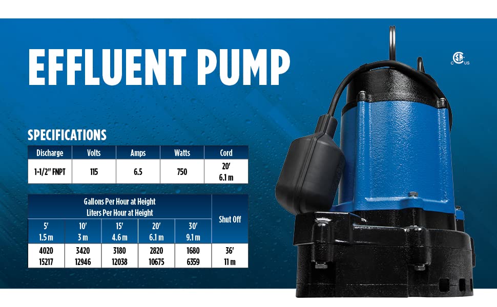 Little Giant Select Series LG-EFF50T 115 Volt, 1/2 hp 4020 GPH Cast Iron Effluent Pump with Tethered Switch and 20-Ft. Cord, Black, 14942680