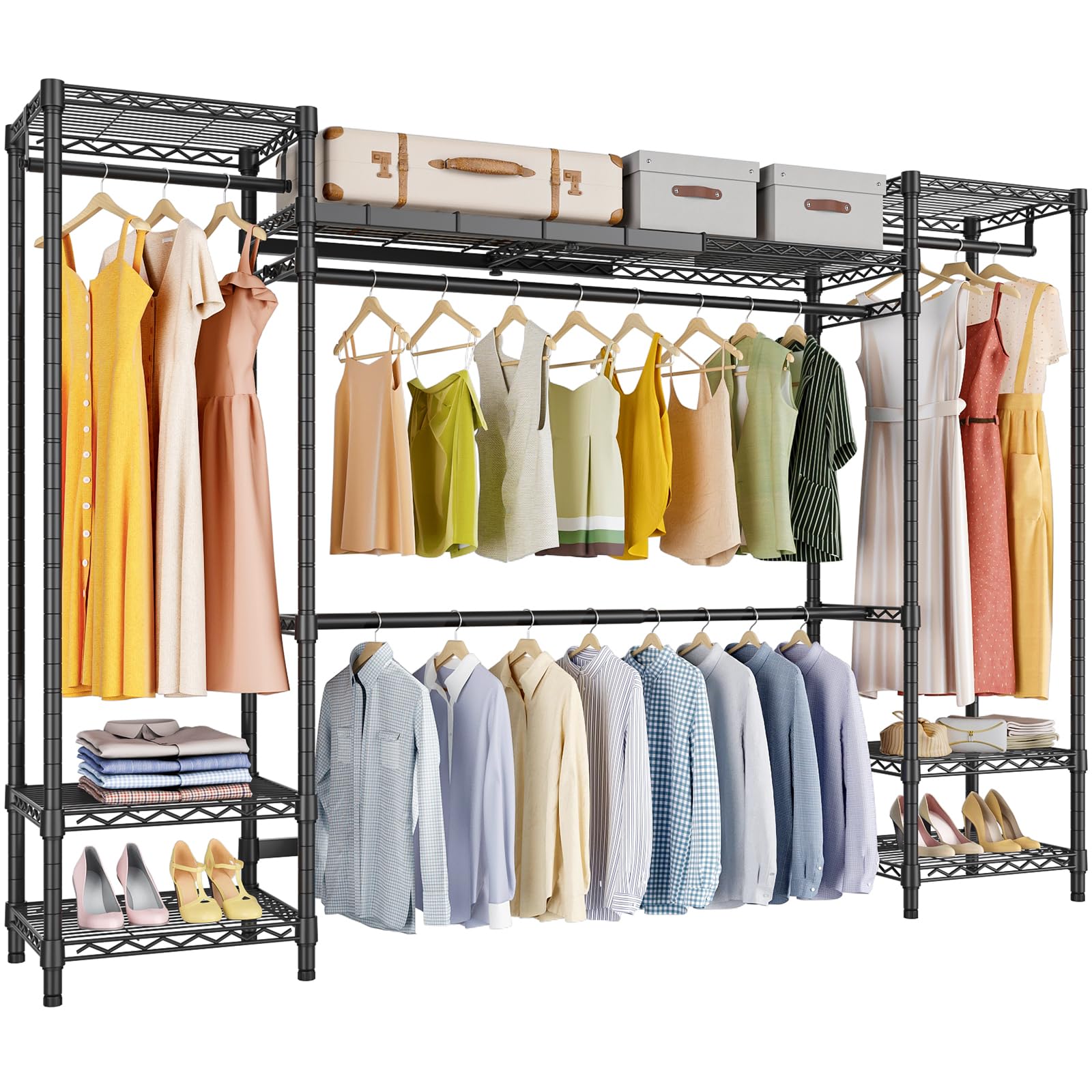 VIPEK X30 Protable Closet for Hanging Clothes, Expandable Clothes Rack Heavy Duty Large Wardrobe System, Metal Clothing Rack with 4 Hanger Rods & 7 Wire Shelves, Adjustable from 6 ft to 7.6 ft, Black