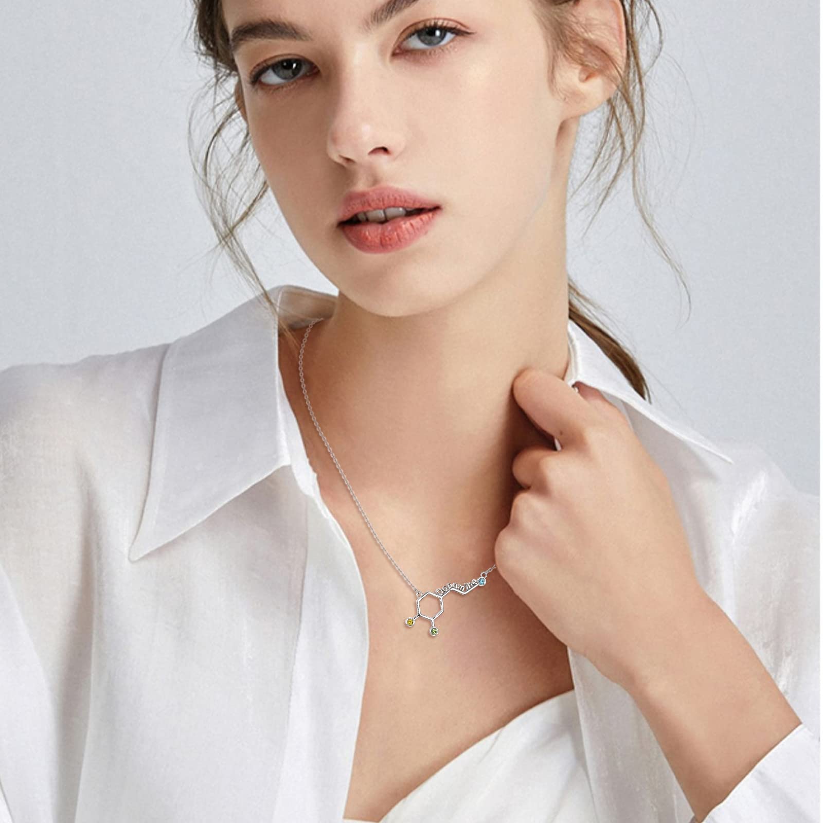 LUHE Serotonin Molecule Necklace, Caffeine Molecule Necklace Sterling Silver Science Jewelry for Women Ideal Necklaces for Teacher Professor Chemistry Grad and Science Lovers