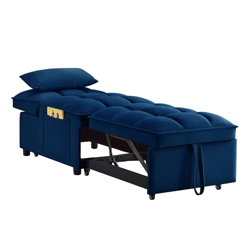 YOPTO Multi-Function Convertible Single Sleeper Sofa Bed with Storage Pockets,Velvet Tufted Pull-Out Couch Bed 4in1 W/Adjustable Backrest & Pillows,Chaise Lounge for Living Room,Small Space,Navy