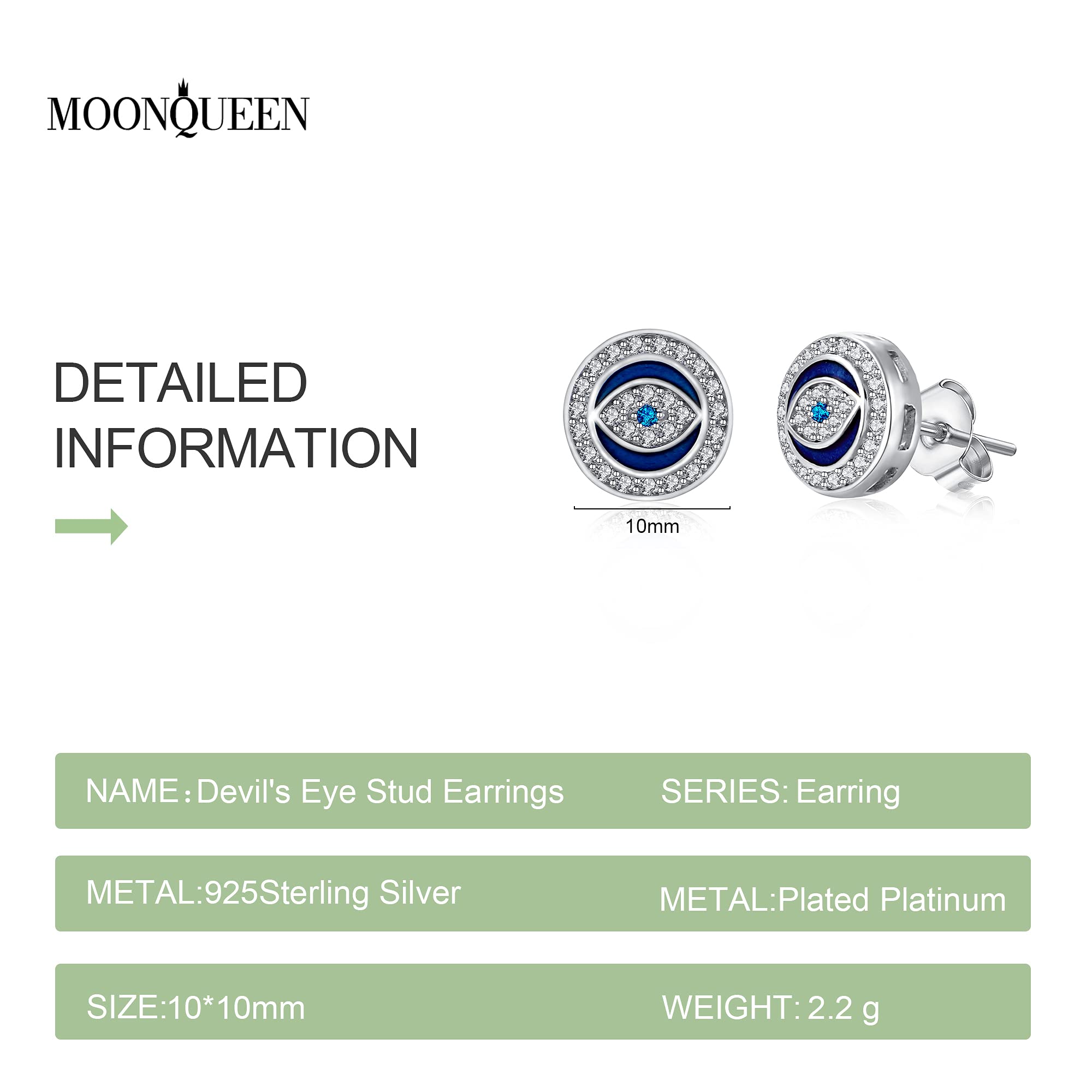 MOONQUEEN Blue Evil Eye Stud Earrings 925 Sterling Silver Eardrop Cubic Zirconia,Lucky Gift for Women Girls