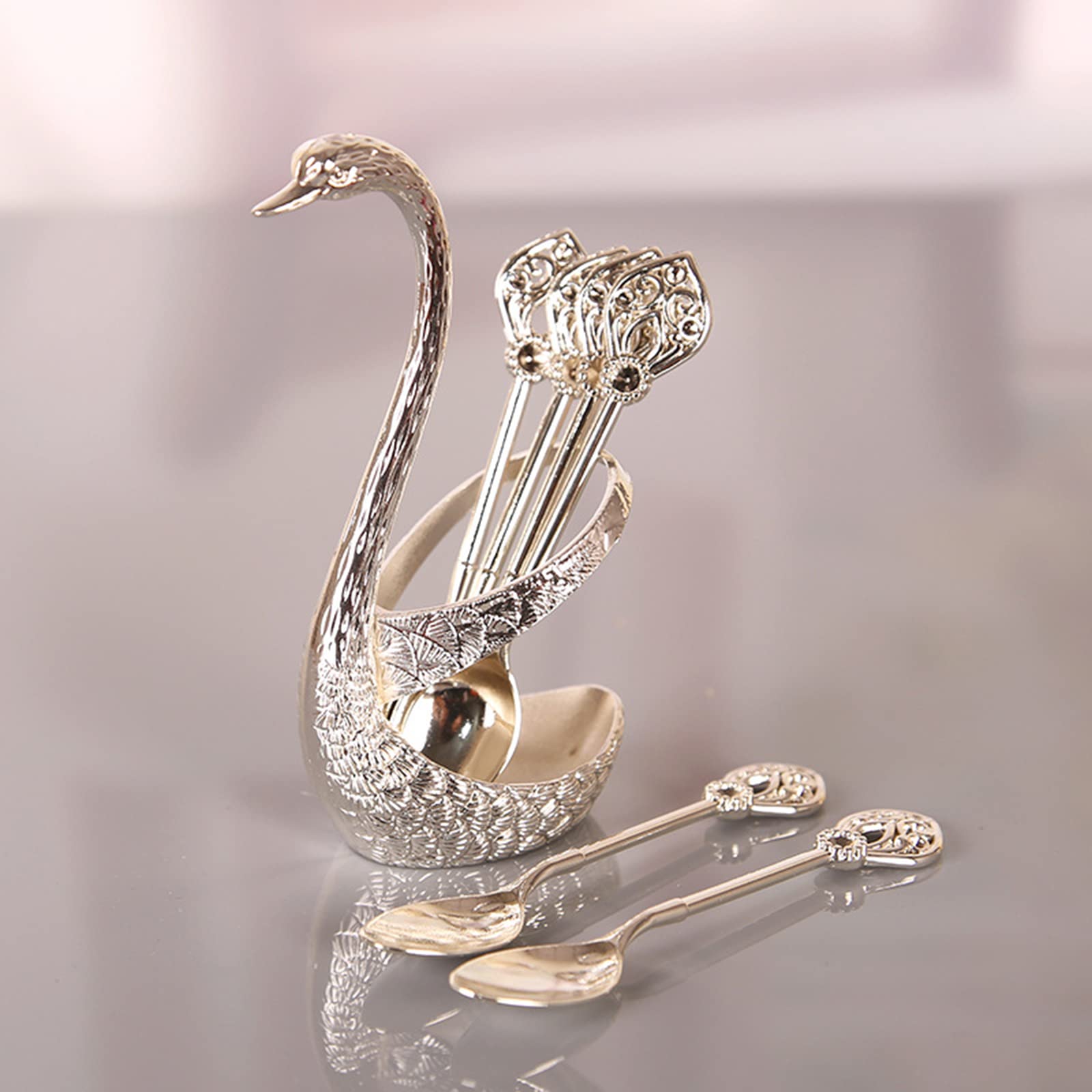 Metal Swan Base Spoon Fork Holder Set, Coffee Fruit Dessert Flatware Dinnerware Set for Decorative Swan Base Holder with 6 Forks or 6 Spoons (Silver spoon-4.9x2.2in)