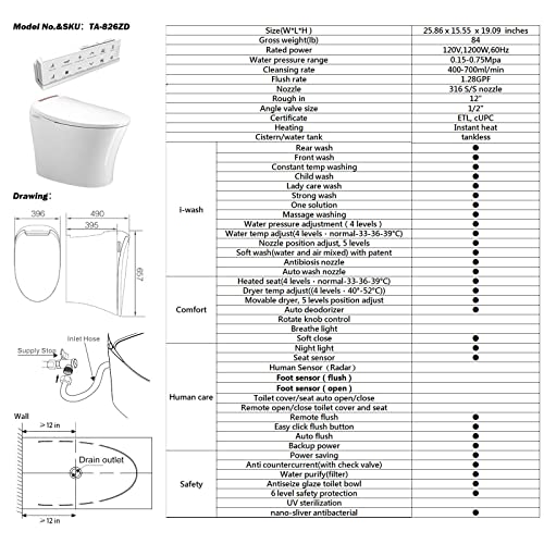 Smart Toilet, Bidet Toilet, Heated Seat, Integrated Multi Function, Tankless Toilet, Smart Bidet, Automatic Flushing, Remote Control, One Piece Toilet, Smart Toilet with Bidet Built In