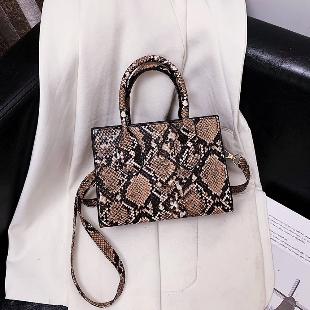 Retro Animal Snake Cow Print Women Messenger Handbag PU Top-Handle Shoulder Bags, Light Brown, 21 x 18 x 5cm