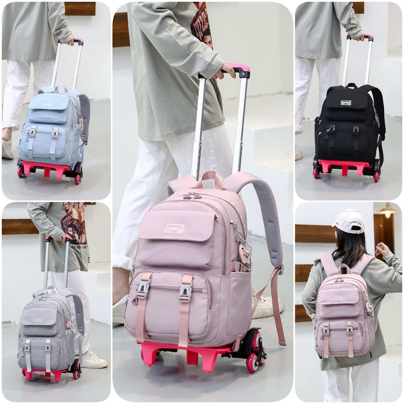 MITOWERMI Black Rolling Backpack for Boys Girls Trolley School Bags Elementary Middle Kids Bookbags with Wheels