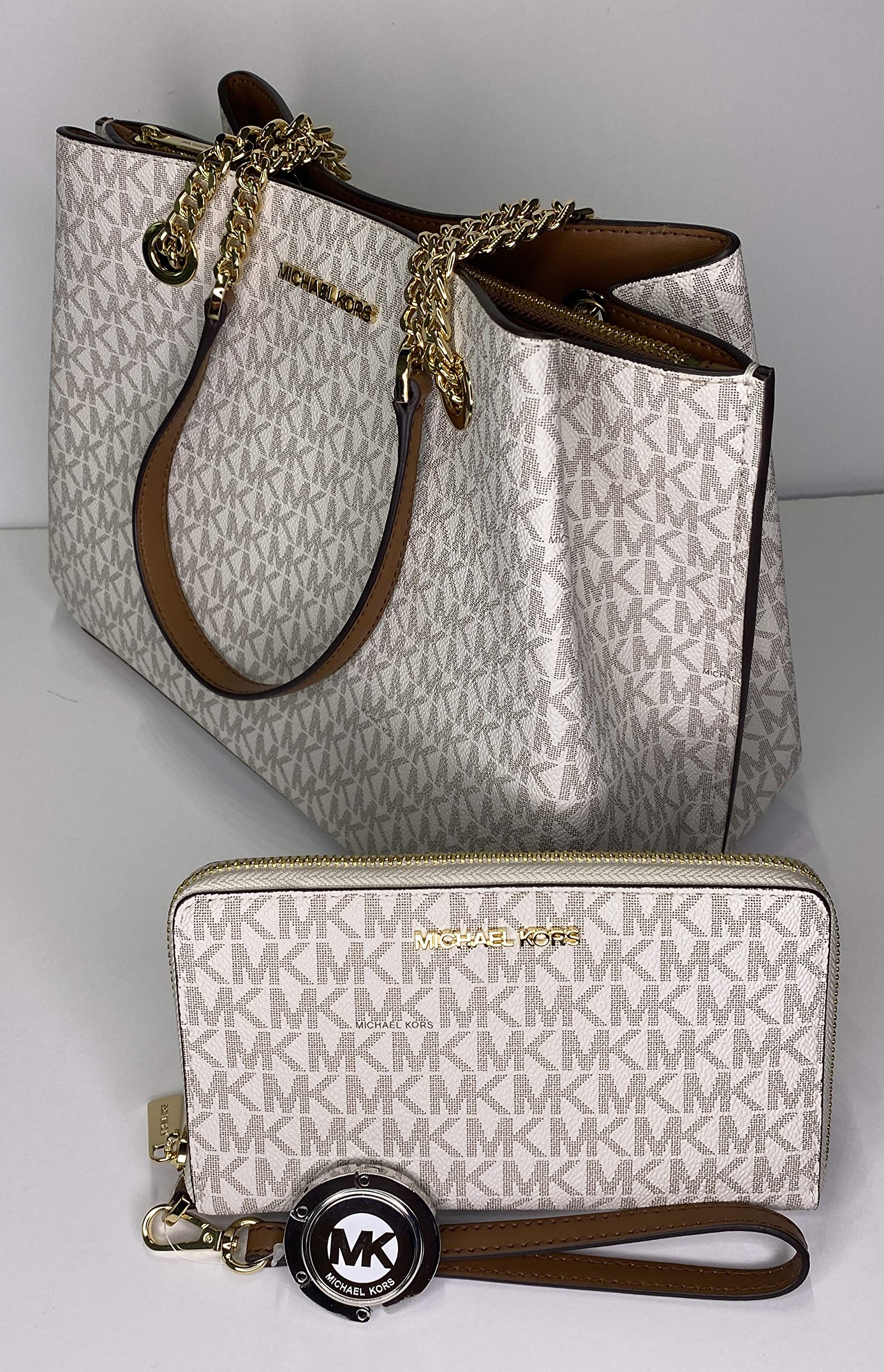 MICHAEL Michael Kors Teagen Satchel bundled with Phone Wallet/Wristlet & Handbag Hook (Signature MK Vanilla)