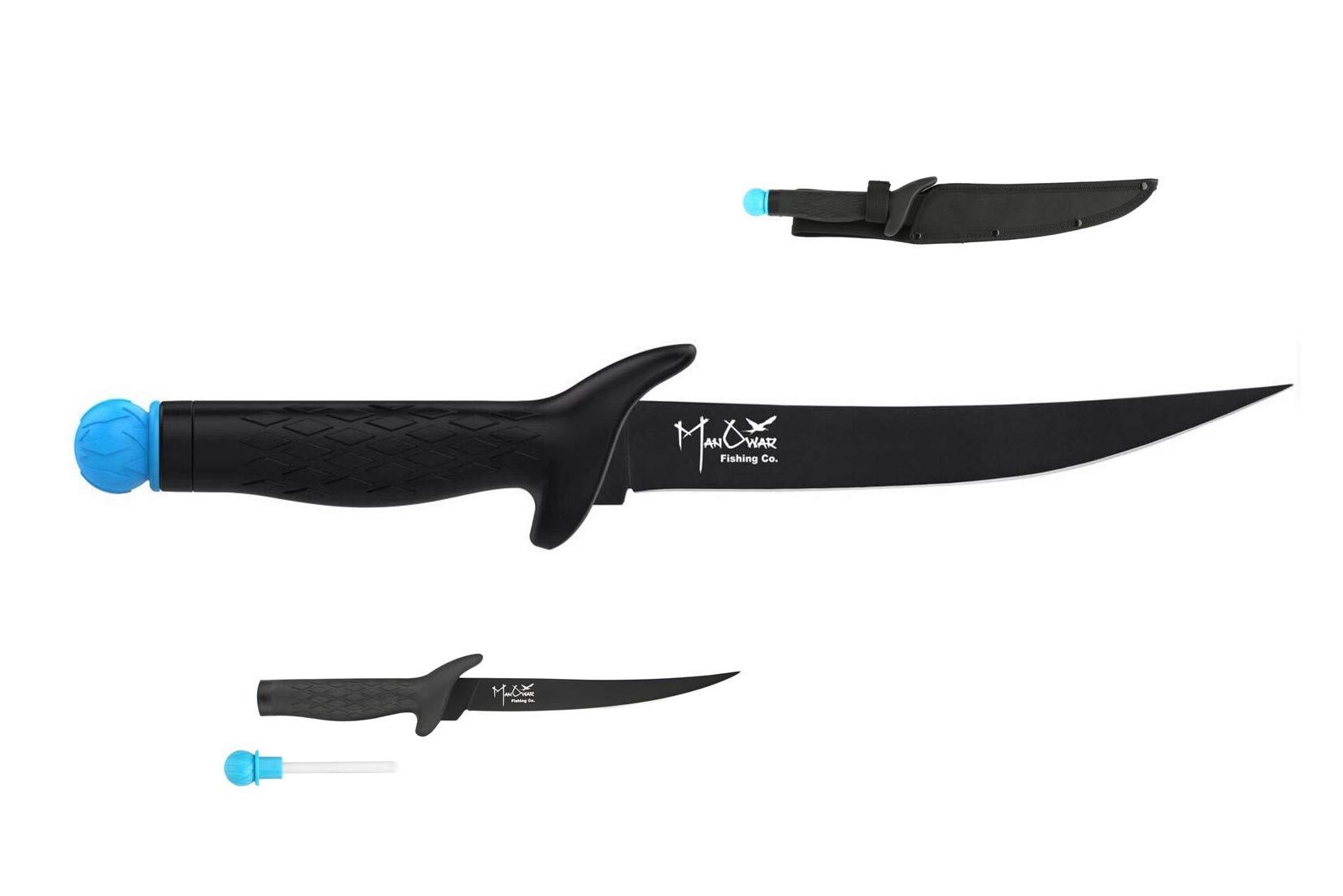 Manowar 7 inch Fillet Knife, The Only Knife with Ceramic Blade Sharpener Built Into Handle, High Carbon Stainless Steel, Rubber Handle and Built in Rod Sharpener, Sheath Included, Blue Knob