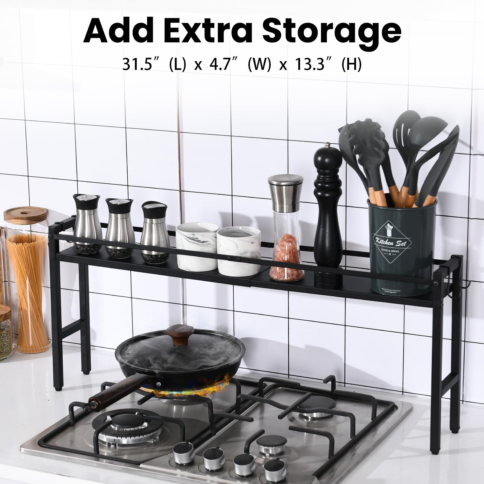 yudeke upgrade Stove Top Shelf,Over the Stove Spice Shelf for Kitchen,Spice Rack Shelf with 4 hooks Extra Storage Countertop, Seasoning Organizer,Kitchen Organizers and Storage (Black)