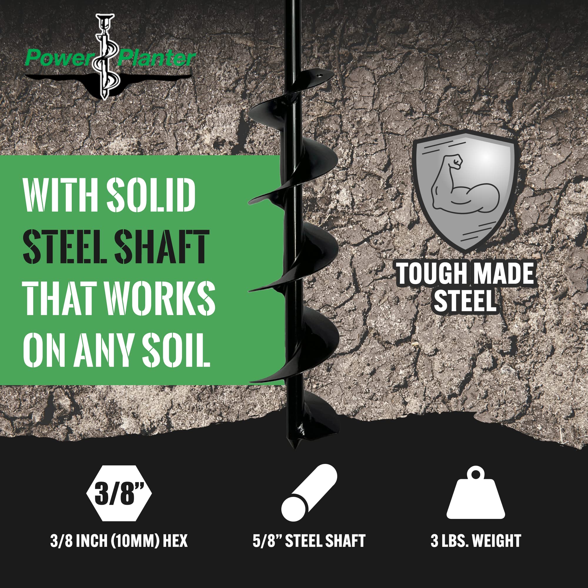 Power Planter 100% USA Made 3"x24" Extended Length Bulb & Bedding Plant Auger with 1/2" Non-Slip Hex Drive