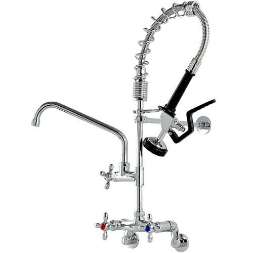 YooGyy Commercial Wall Mount Kitchen Sink Faucet Pre-Rinse Device 26" Height 4'' to 8'' Center with Spring Pull Down Sprayer and 10" Add-on Spout,Brass Constructed Polished Chrome