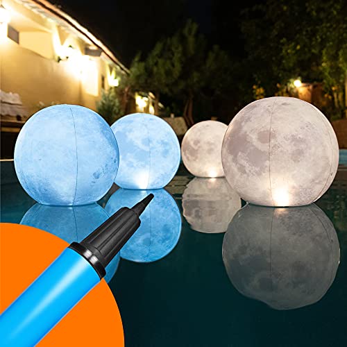 TIALLY 4 Pack Full Moon Solar Floating Pool Lights with Hand Pump for Inflatables - Waterproof 14" Solar Balls for Pool, Party Decor for Outdoor, Easy to Inflate with The Manual Balloon Hand Pump
