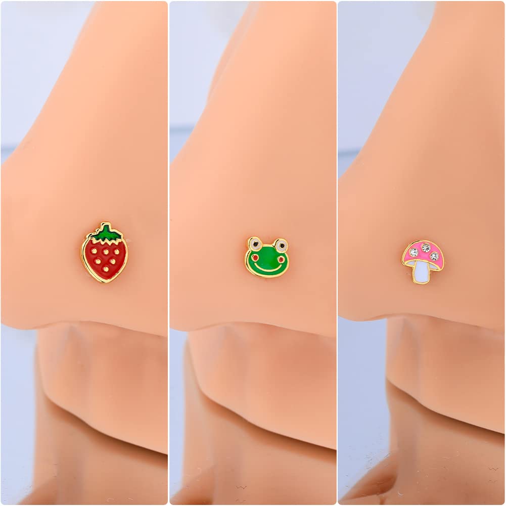 OUFER 20G Gold Nose Studs, Frog L-Shaped Stainless Steel Nose Ring Stud, Mushroom Nostril Piercing Jewelry for Women