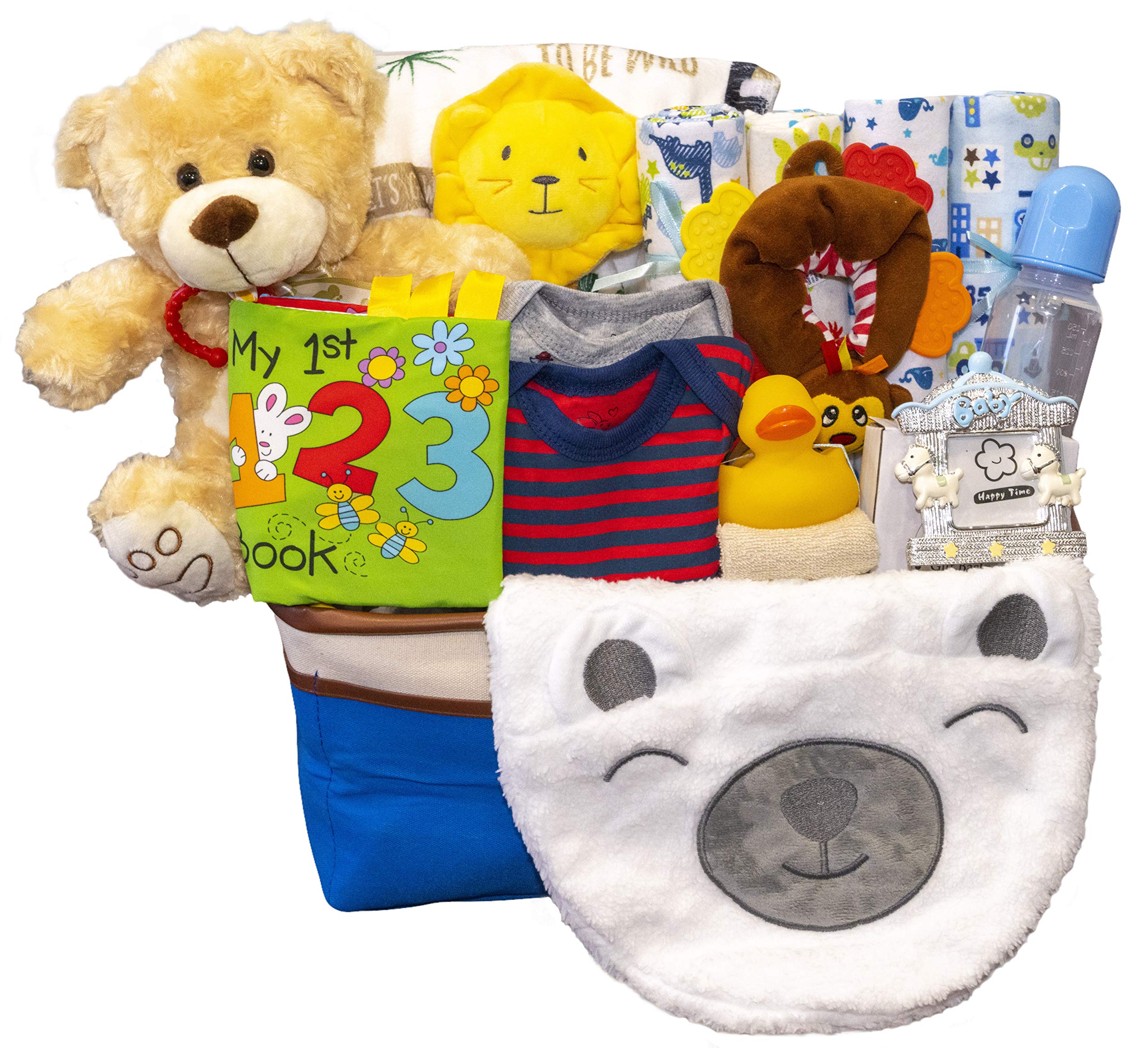 Joyful Arrival Deluxe Baby Boy Gift Set - Diaper Organizer, Baby Clothes & Much More