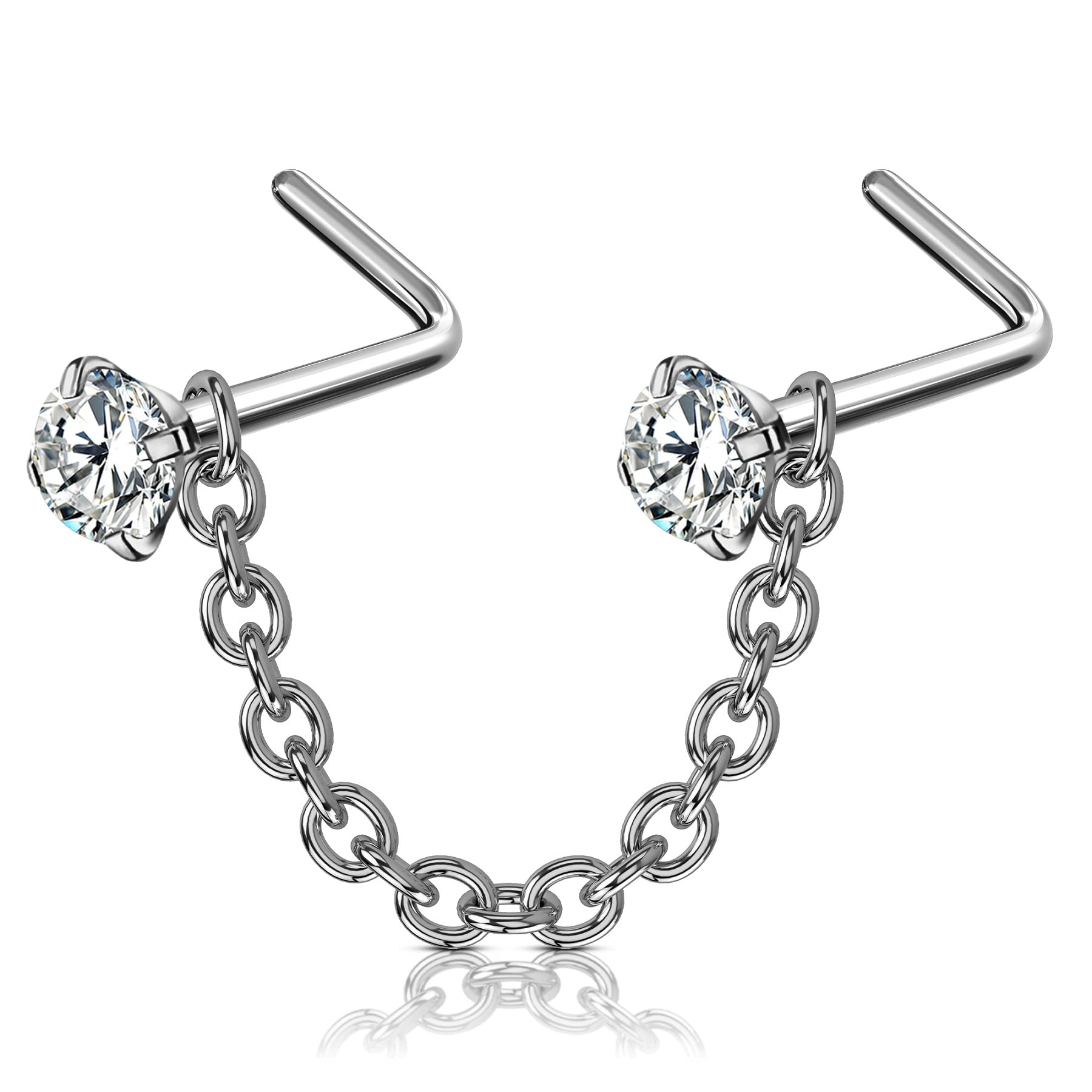 OUFER Solid Titanium Nose Rings, Chain 2PCS 20G Nose Studs, Nostril Clear CZ L Shaped Pack, Nose Piercing Jewelry Women Men
