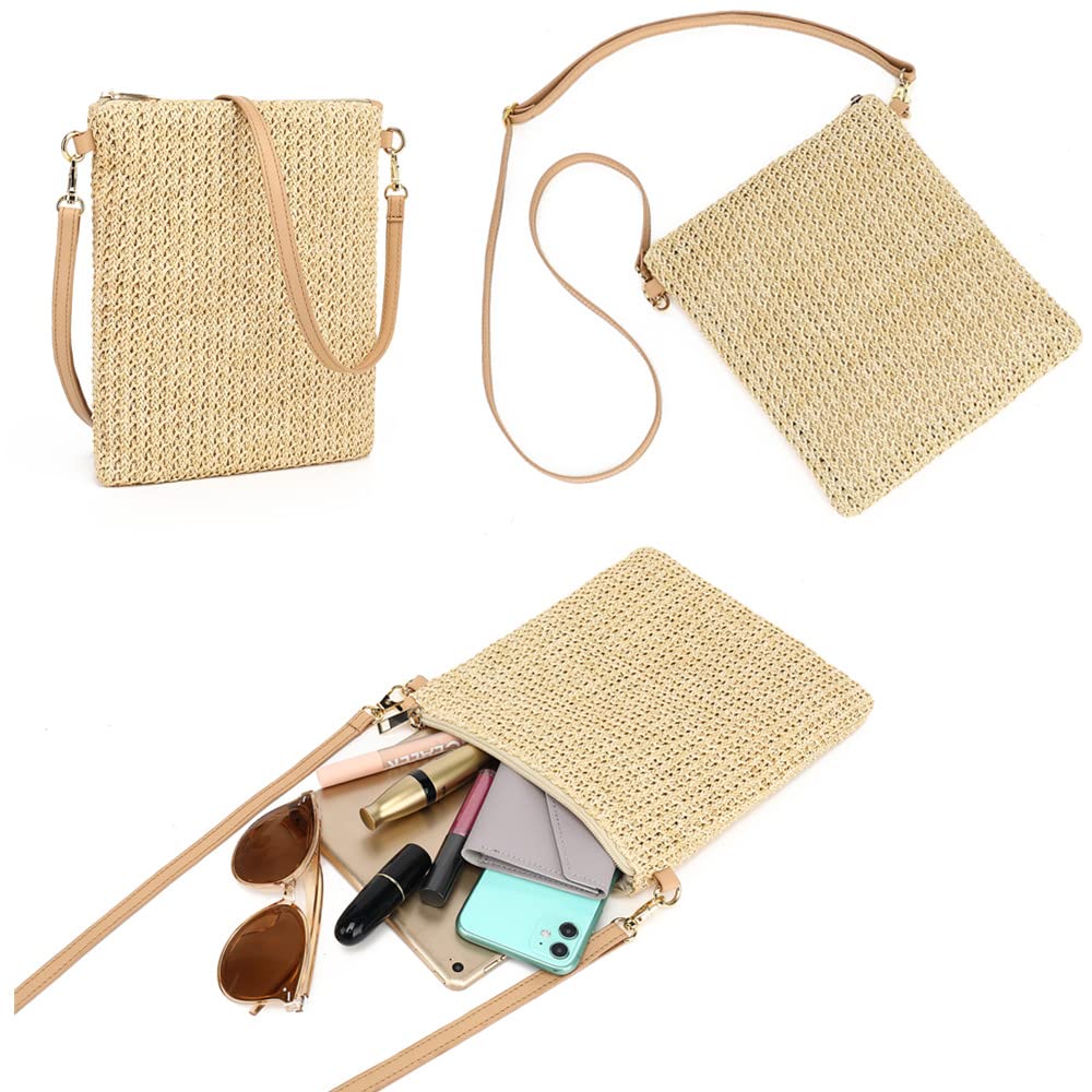 Straw Crossbody Bags for Women, Cute Straw Beach Purse with Detachable Shoulder Strap, Summer Straw Handbag Vacation Essentials (Light Brown)