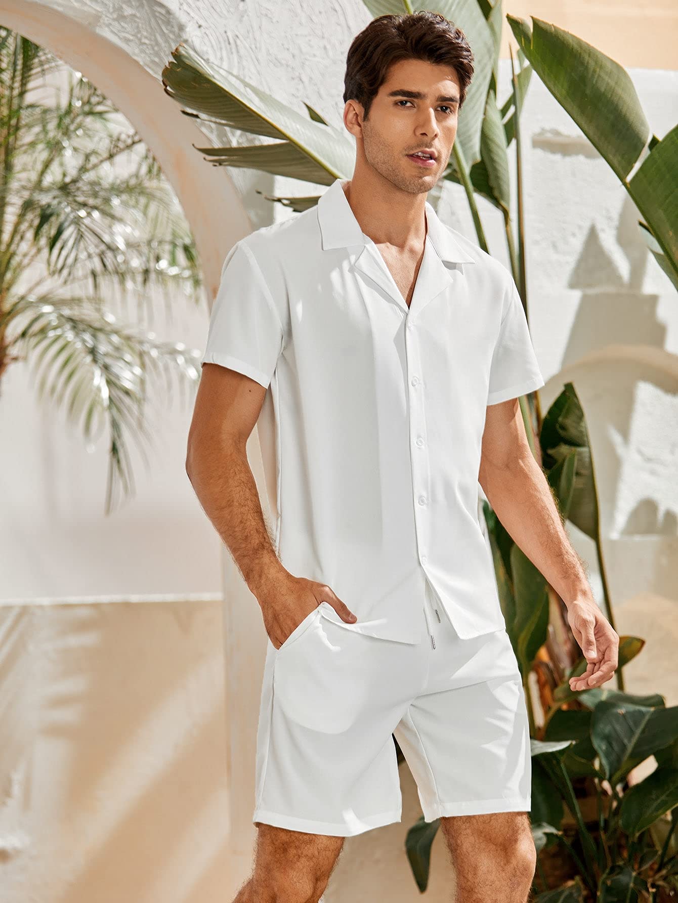 MakeMeChic Men's 2 Piece Button Down Short Sleeve Shirt Top and Shorts Set White XXL