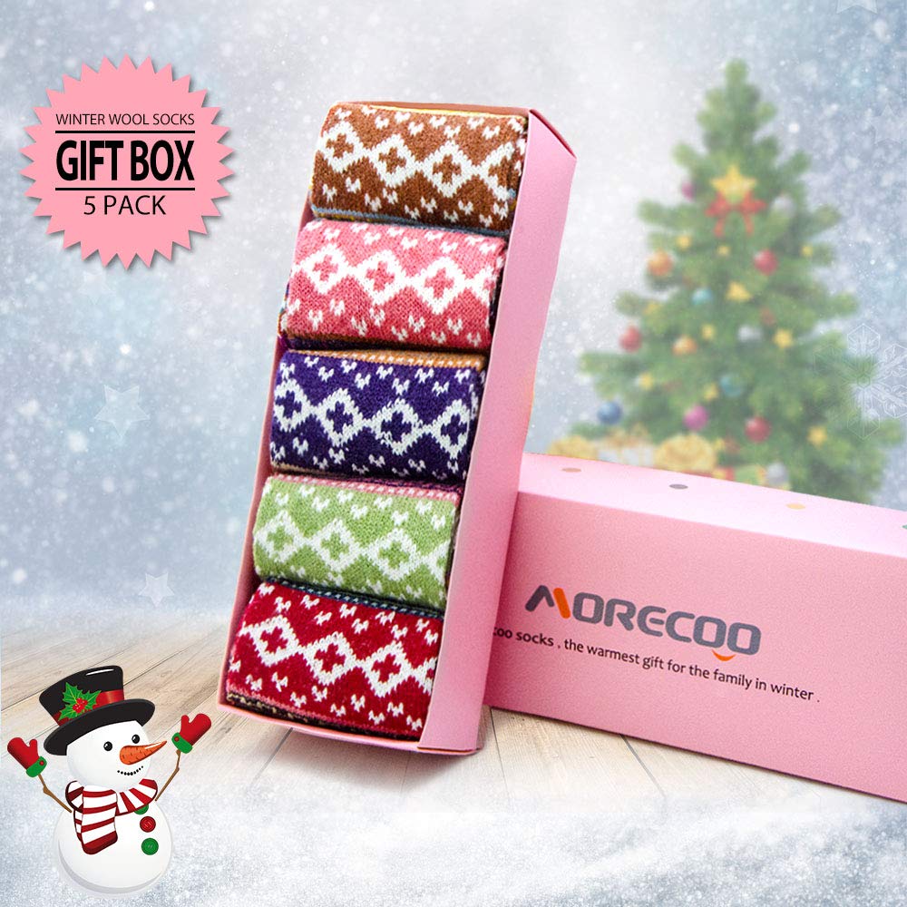 MORECOO 5 Pack Womens Wool Socks Thick Knit Vintage Winter Warm Cozy Crew Socks Gifts