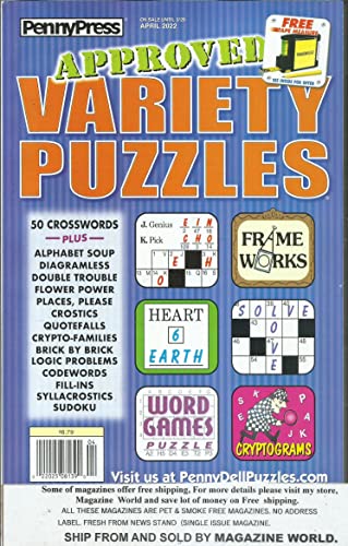 VARIETY PUZZLES DIGEST, APRIL, 2022 * ON SALE UNTIL MARCH 29 2022. (PLEASE NOTE: ALL THESE MAGAZINES ARE PETS & SMOKE FREE. NO ADDRESS LABEL, FRESH STRAIGHT FROM NEWSSTAND. (SINGLE ISSUE MAGAZINE)