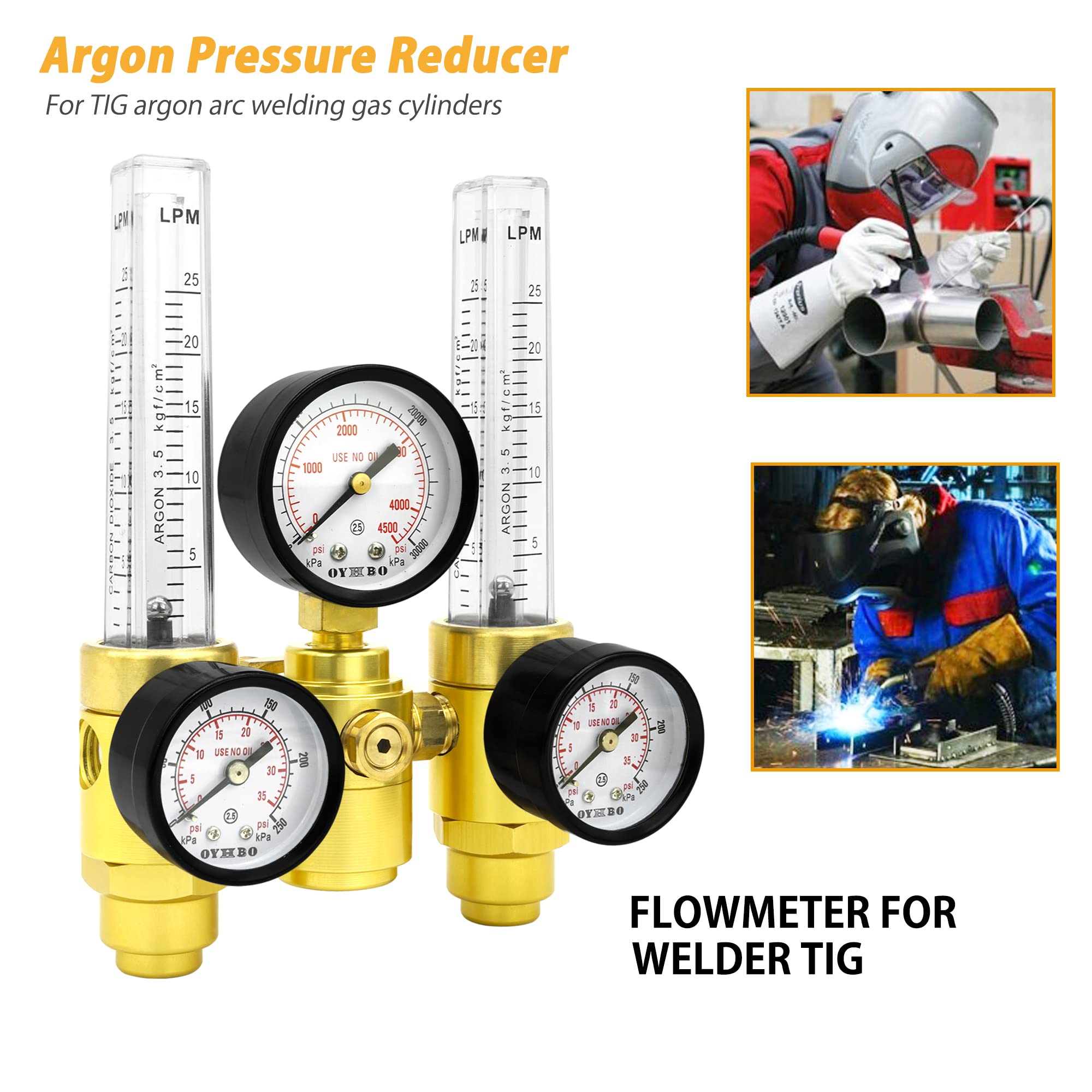OYHBO Dual Output Argon CO2 Flow Meter MIG TIG Welding Regulator 3 Gauges Gas-saving CGA-580