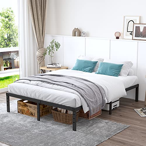 YUSENHEEI Full Size Bed Frame 16 Inches High Metal Platform Bedframe with Slat Strips Easy Assembly Heavy Duty Strong No Need Box Spring Noise Free Non-Slip Large Storage Space Underbed