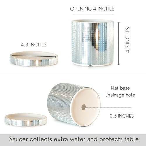 SCANDINORDICA Disco Ball Planter Pot - 4.3 inch Mirror Disco Ball Vase, Disco Planter, Ceramic Planter Pots Indoor with Drainage Hole and Saucer, Cute Desk Decor for Women | 0.2" Mirror Tiles