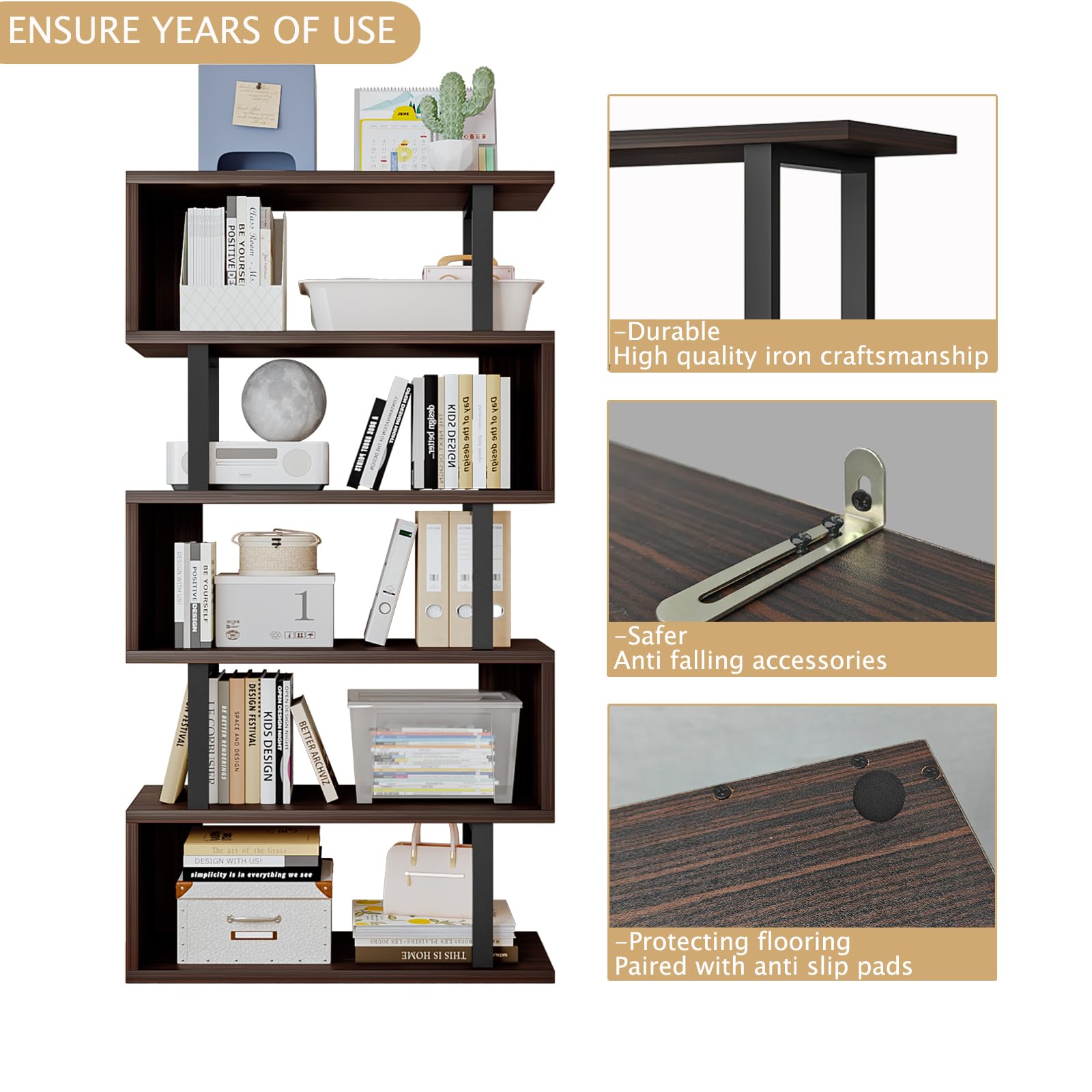 SORCEDAS Bookshelf Geometric Bookcase S Shaped Industrial Bookshelf Storage Display Stand Shelf for Living Room Bedroom and Office Room (Black, 5 Tier)