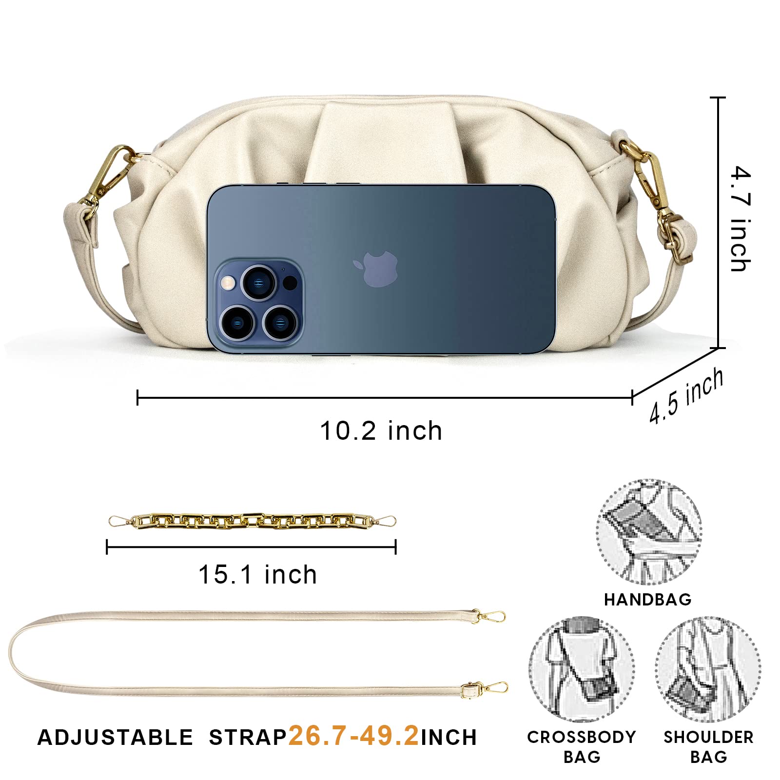 Strobody Women's Cloud Pouch Bag, Soft Leather Dumpling Clutch Purse with Magnetic Closure,Ruched Chain Link Crossbody Shoulder Handbag