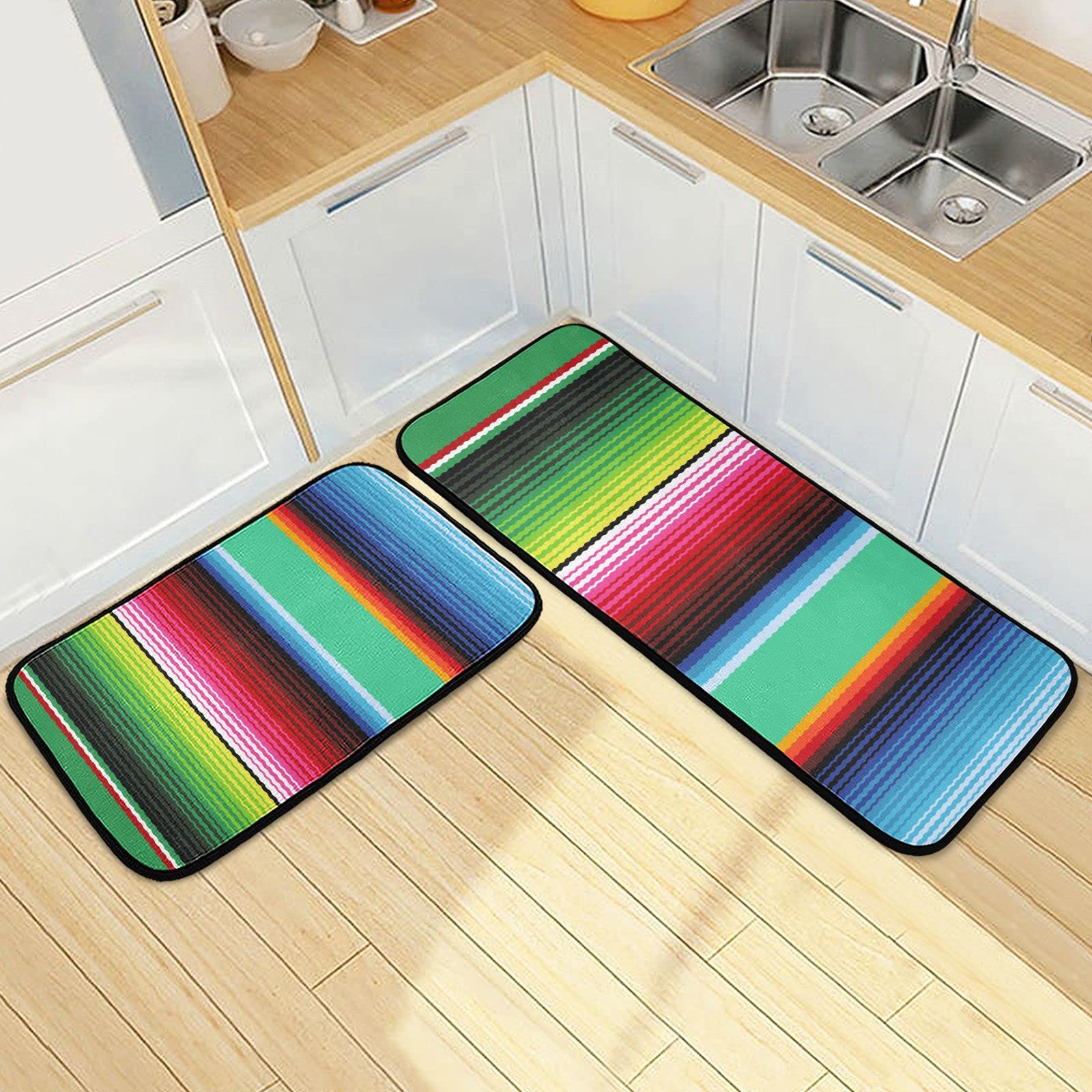 Mexican Serape Blanket Stripes Kitchen Rug Mats 2PCS Non Slip 47" x 20" + 28" x 20" Kitchen Carpet Floor Mat Hallway Rugs Anti Fatigue Doormat