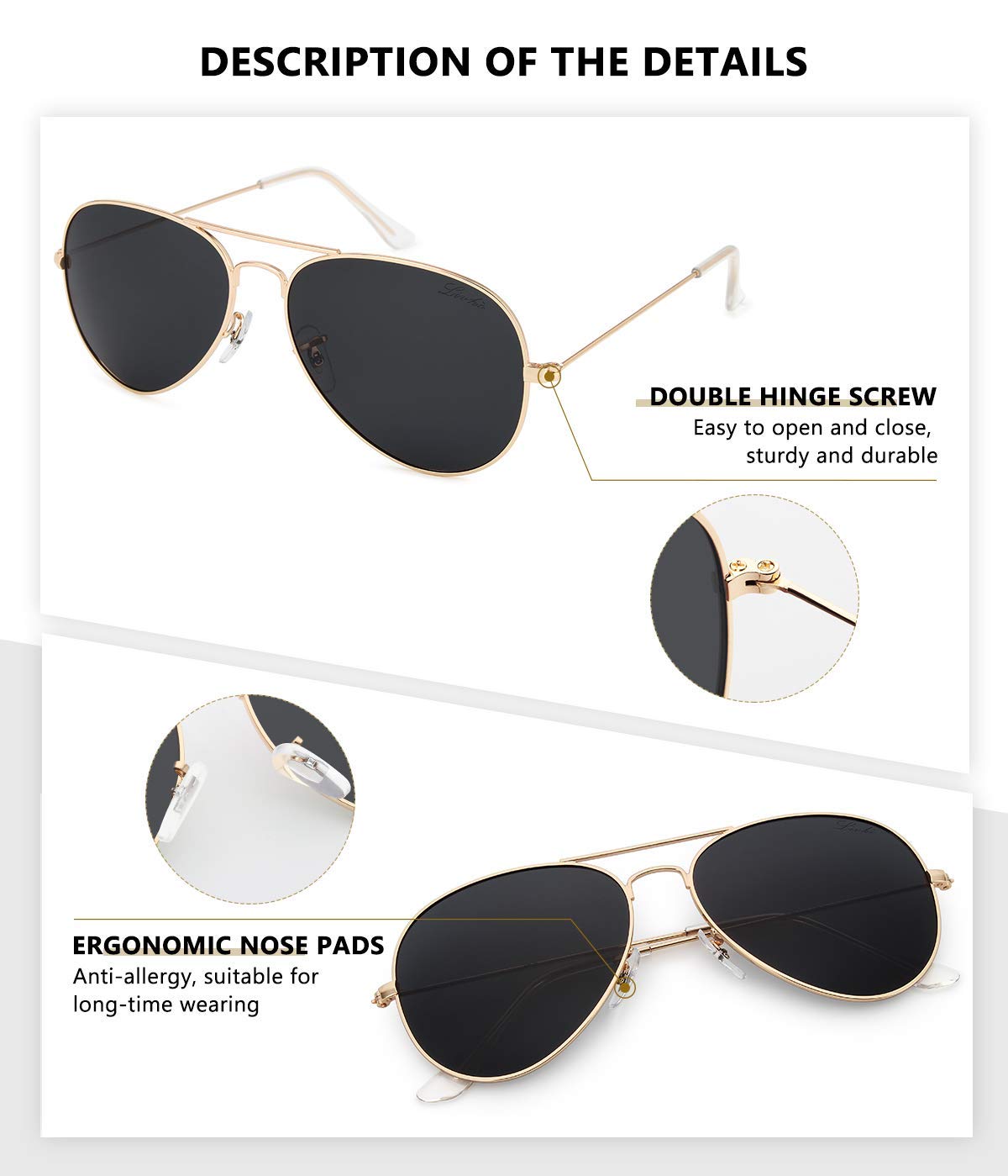 livho Classic Polarized Aviator Sunglasses UV Mirrored Lens Metal Retro Shades for Women Men (Black Grey Lens/Gold Frame, 58mm, medium)