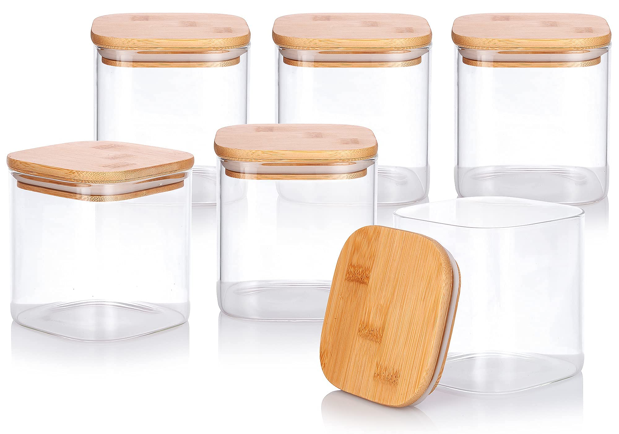 JUVITUS 24 fl oz Premium Borosilicate Clear Square Glass Jars Bamboo Silicone Sealed Lid (6 Pack)
