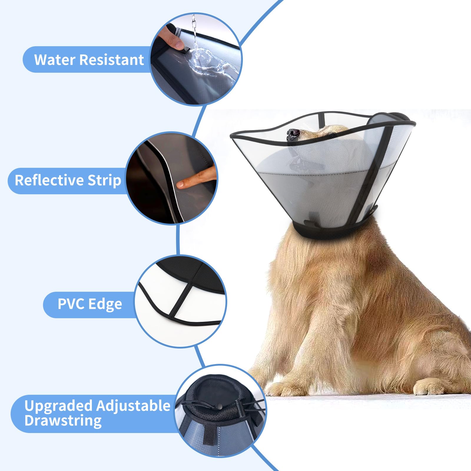 WinWeal Soft Dog Cone for Dogs After Surgery, Breathable Pet Recovery Collar for Large Medium Dogs, Adjustable Dog Cone Collar, Elizabethan Collar (L, Blue)