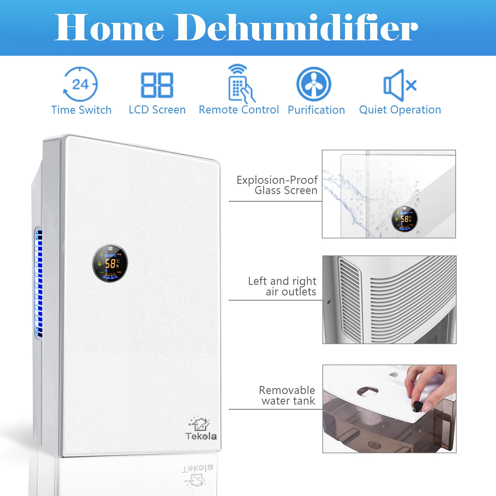 Tekola Dehumidifier Home Basement,550 Sq.ft High Humidity Remote Control,Auto Shut Off,2100ml (71 oz) Ultra Quiet Portable Air Dehumidifiers Basements,Bedroom,Bathroom,RV,Laundry Room Red