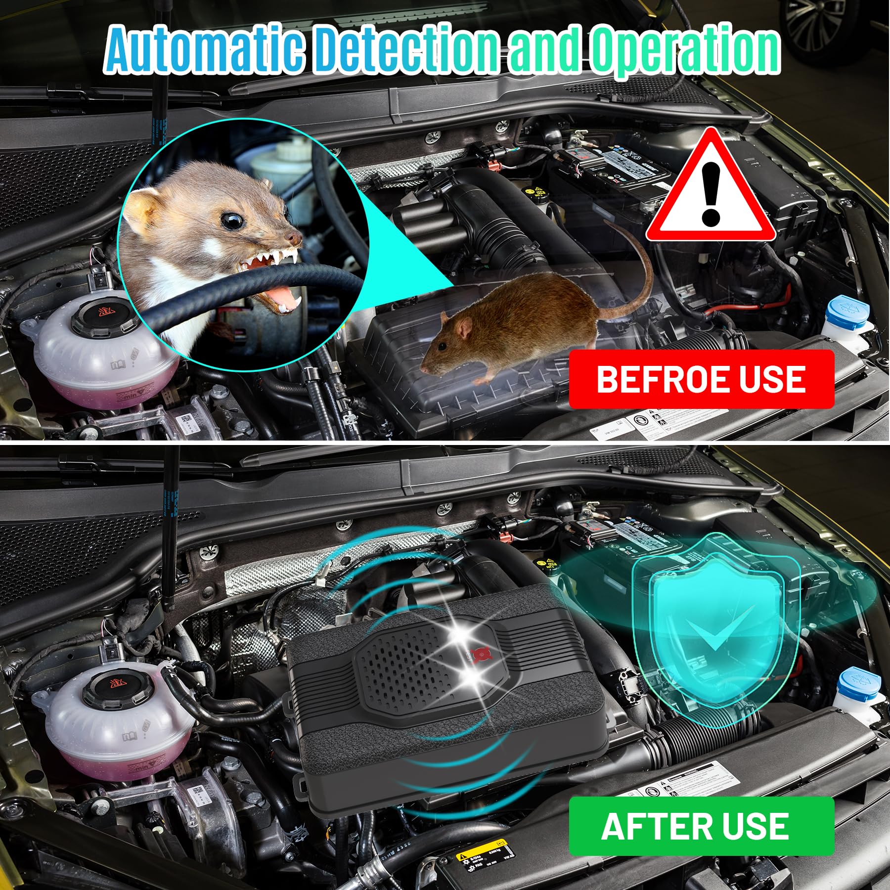 Ultrasonic Mouse Deterrent for Cars and Indoor 4 Packs, Battery Operated Mouse Squirrel Deterrent with Strobe Light, Smart Detection Keep Mice Out of Car, Boat Garage Attic Barn