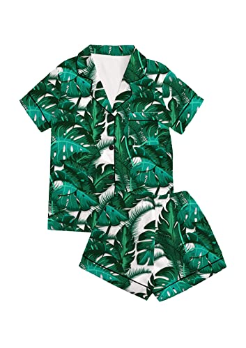 JULGIRL Women's Silk Satin Pajamas Short Sleeve Shorts Loungewear Two-Piece Button-Down Pj Set (X-Large, Palm Leaves)
