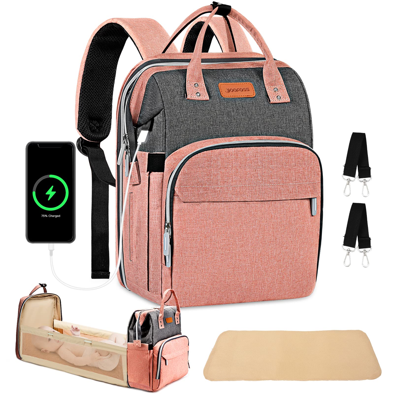 Yoofoss Baby Diaper Bag Backpack, Large Baby Bag Multifunction Diaper Backpack for Baby Girls Boys with USB Charging Port Stroller Straps Pink