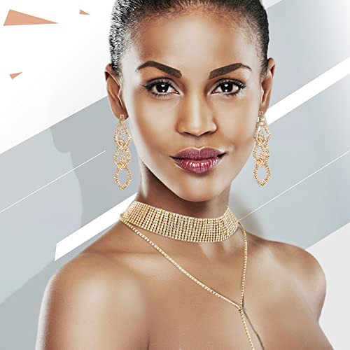 MTLEE 6 Pieces Women Rhinestone Jewelry Set Layered Choker Necklaces Long Tassel Necklaces Crystal Bracelet Cuff Bangles Diamond Tassel Dangle Earrings (Gold)