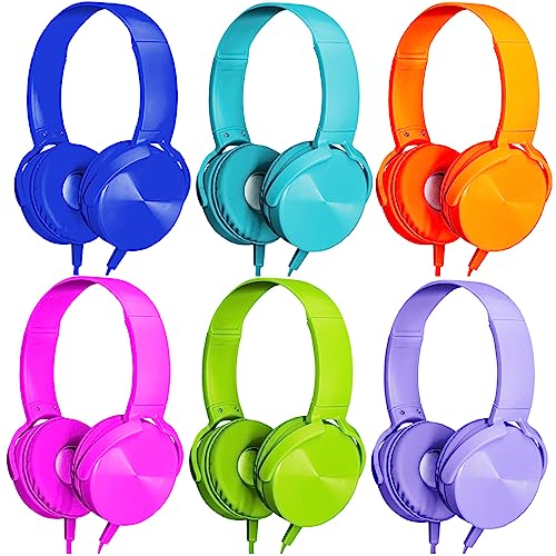 Wensdo 6 Pack Kids Headphones Bulk for School Classroom Students Wired Headsets, Durable Earphones for Children, Library Airplane Online Learning and Travel (6 Mixed Colors)