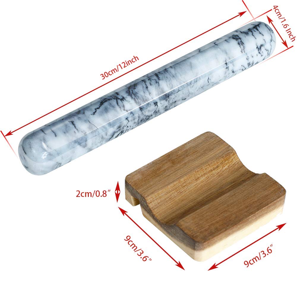 Marble Rolling Pin with Wood Cradle 12 Inch Black, Non-Stick Dough Roller Professional Essential Kitchen Utensil French Heavy Duty for Baking, Pizza, Fondant, Pie Crust, Cookie, Pastry