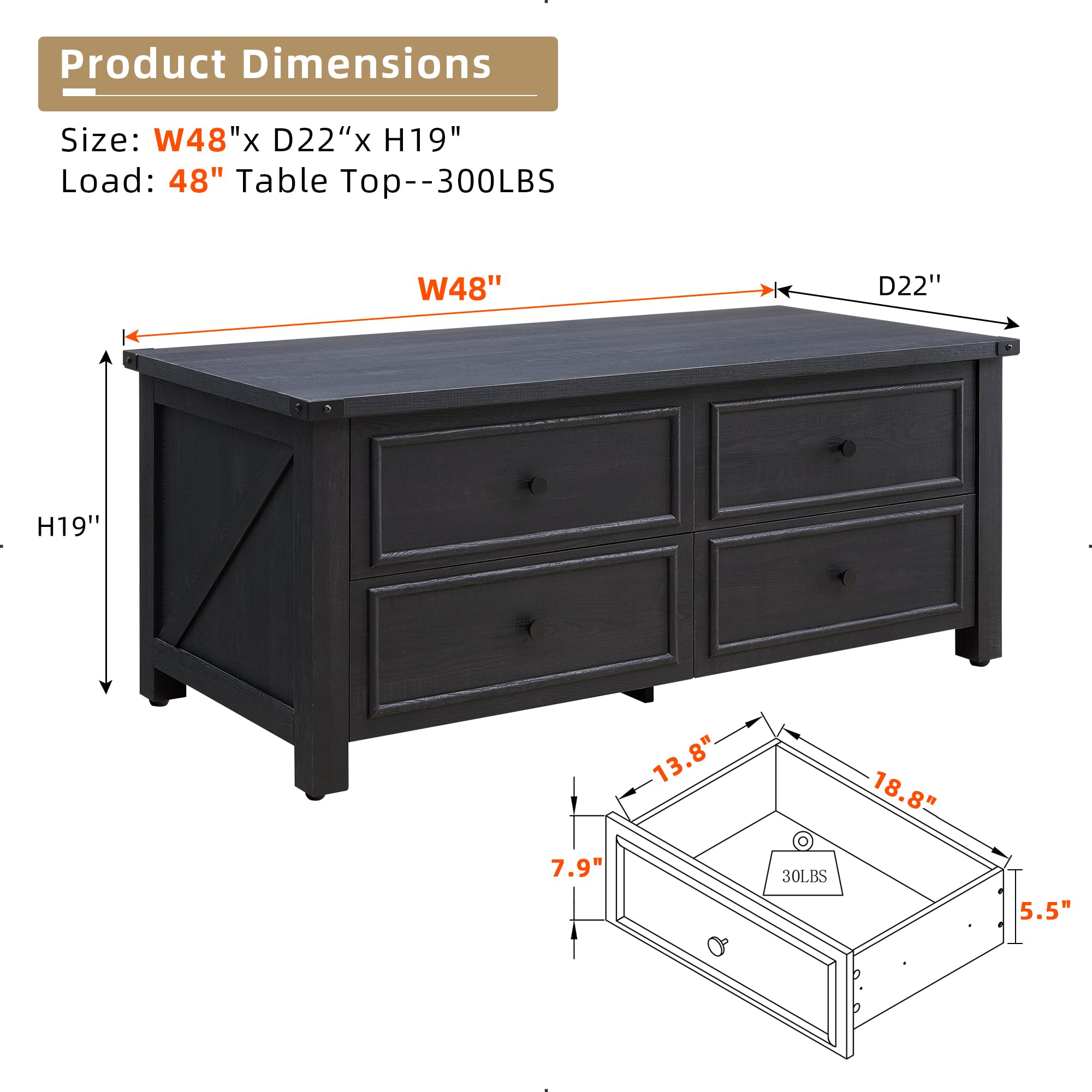 JXQTLINGMU 48” Farmhouse Coffee Table with 4 Large Storage Drawers, Modern Center Table with Barn Door for Living Room, Office, Rustic Rectangle Cocktail Table(Black)